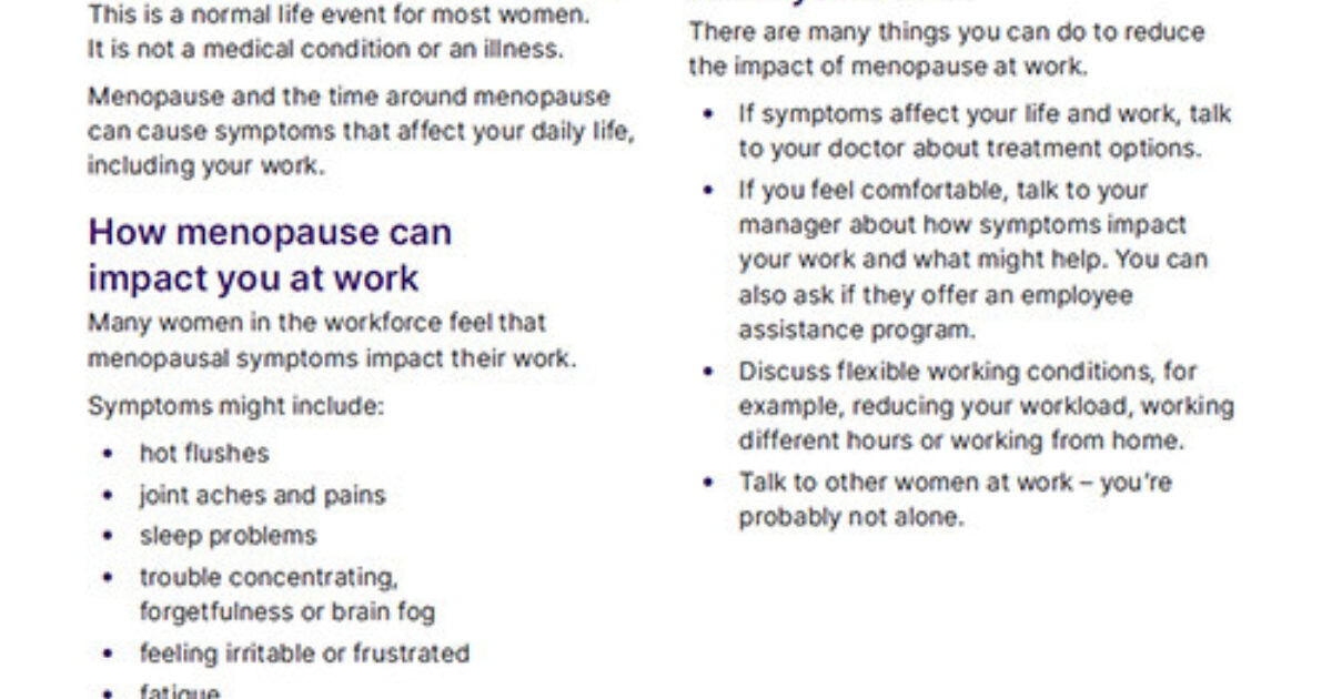 Menopause and work fact sheet | Jean Hailes